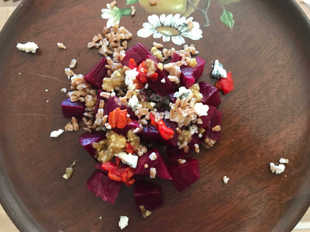 Beet, Sweet Pepper, Farro, Aillade, and Gorgonzola Salad - An Italian dish
